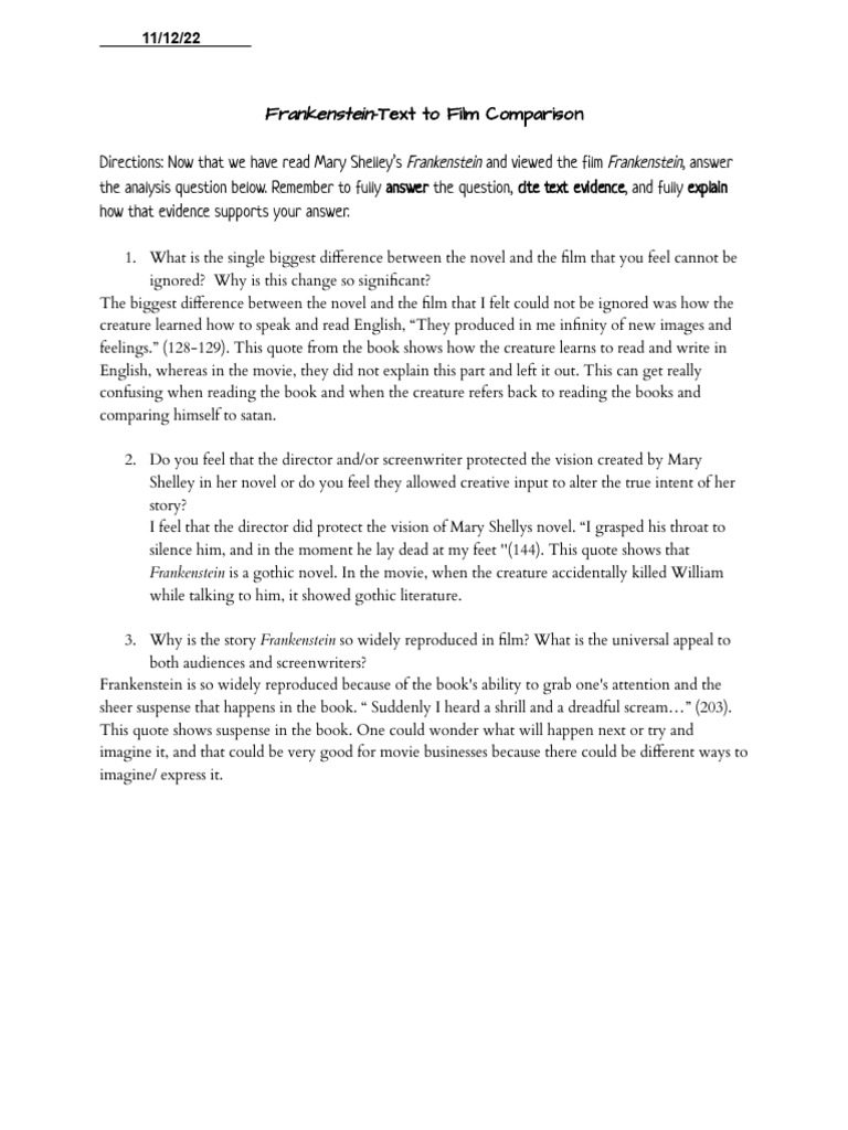 Frankenstein-Text To Film Comparison - Ault | PDF