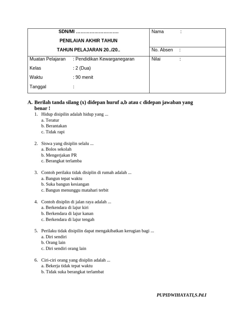 Soal Pat PKN Kelas 2 | PDF