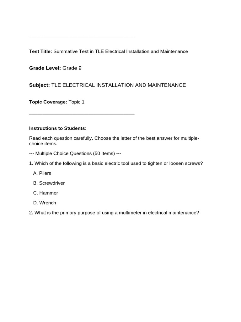 Grade 9 TLE Electrical Tools Test | PDF | Tools | Electrical Wiring