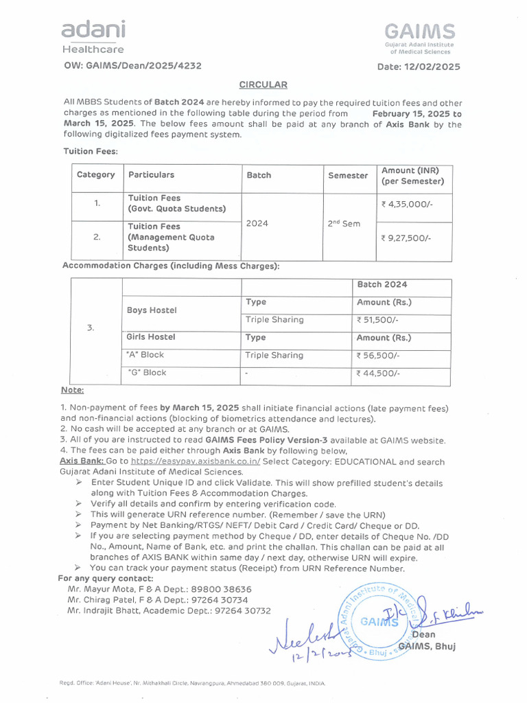 Tuition Fees Accommodation Charges To Pay Batch 2024 | PDF