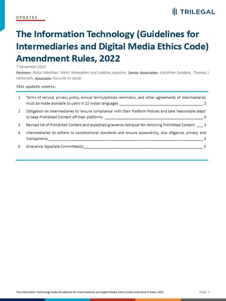 Trilegal Update The Information Technology Intermediary Guidelines and Digital Media Ethics Code ...