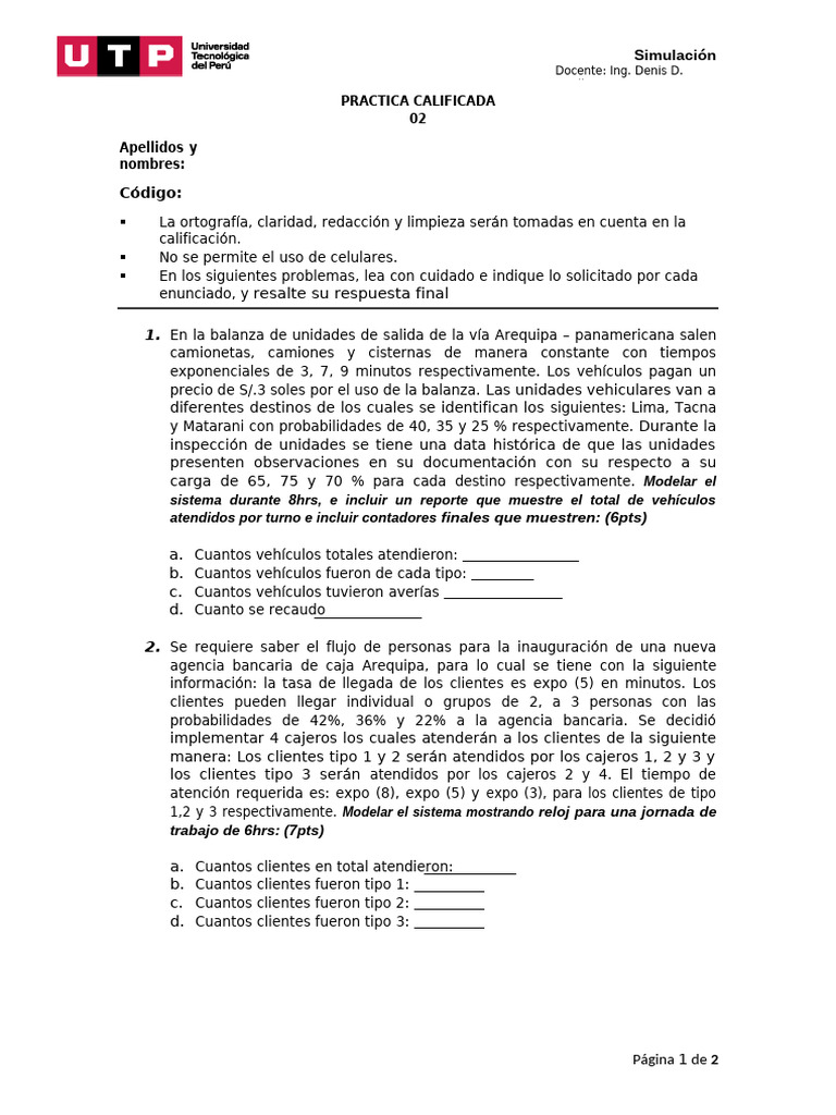 PC02 Ago2024 Practica Calificada 02 Simulacion | PDF