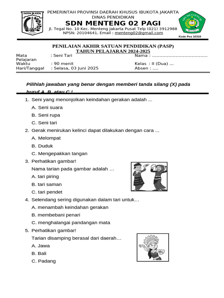 Soal Pasp Seni Tari Kelas 2 2025 | PDF