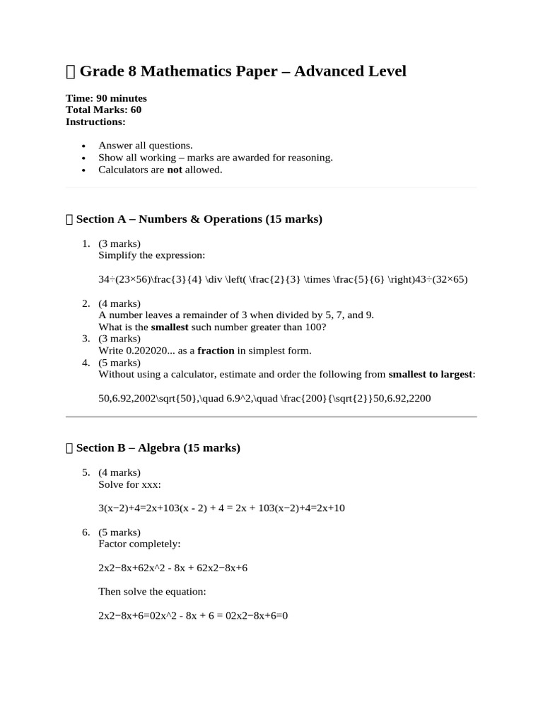 Grade 8 Term 4 Math Exam Paper | PDF