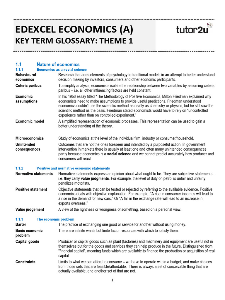 Edexcel Glossary Theme 1 2024 | PDF | Elasticity (Economics) | Demand