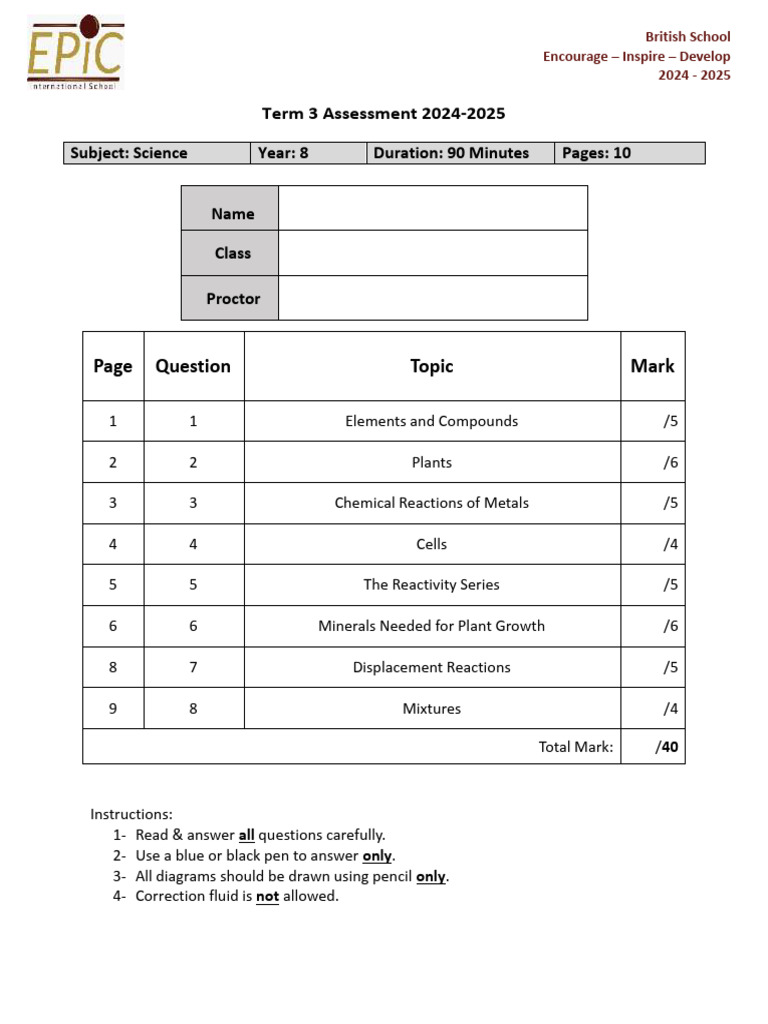 Grade 8 Science Term 3 Assessment 2024-25 | PDF