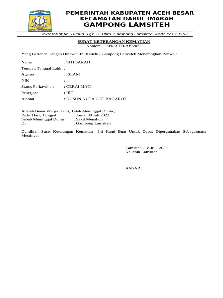 Surat Keterangan Kematian DR Rt1 | PDF