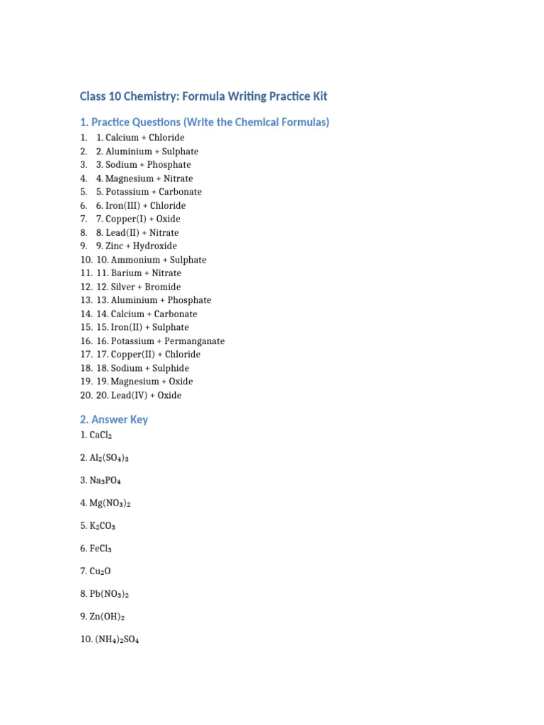 Formula Writing Practice | PDF
