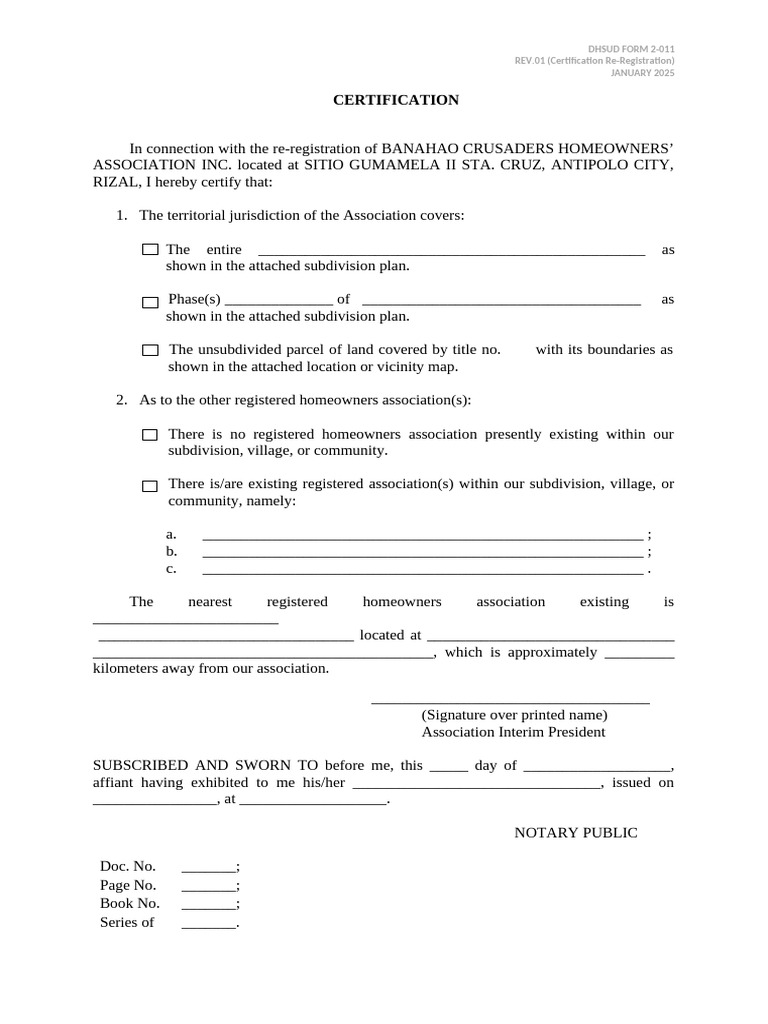 DHSUD Certification Re-Registration Form | PDF | Government | Governance