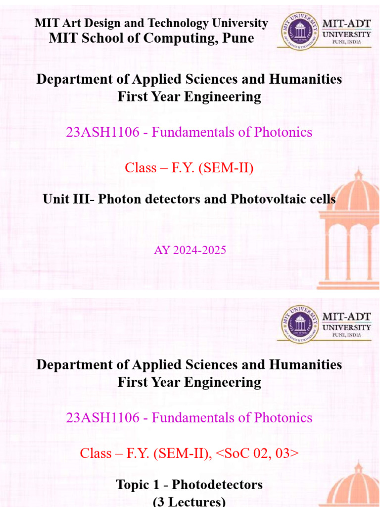 Unit 3 Photon Detectors - 09.04.2025 | PDF | Solar Cell | Gallium Arsenide