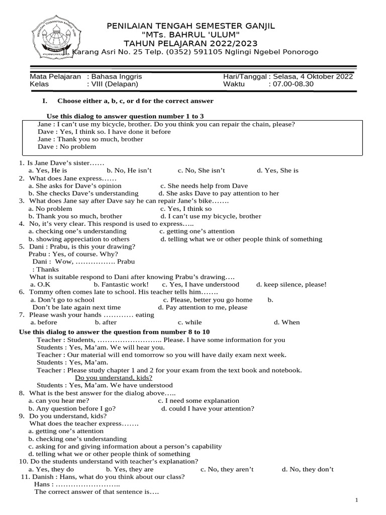 1 - Soal PTS B.ing Kelas VIII Ganjil TP 2022-2023 | PDF