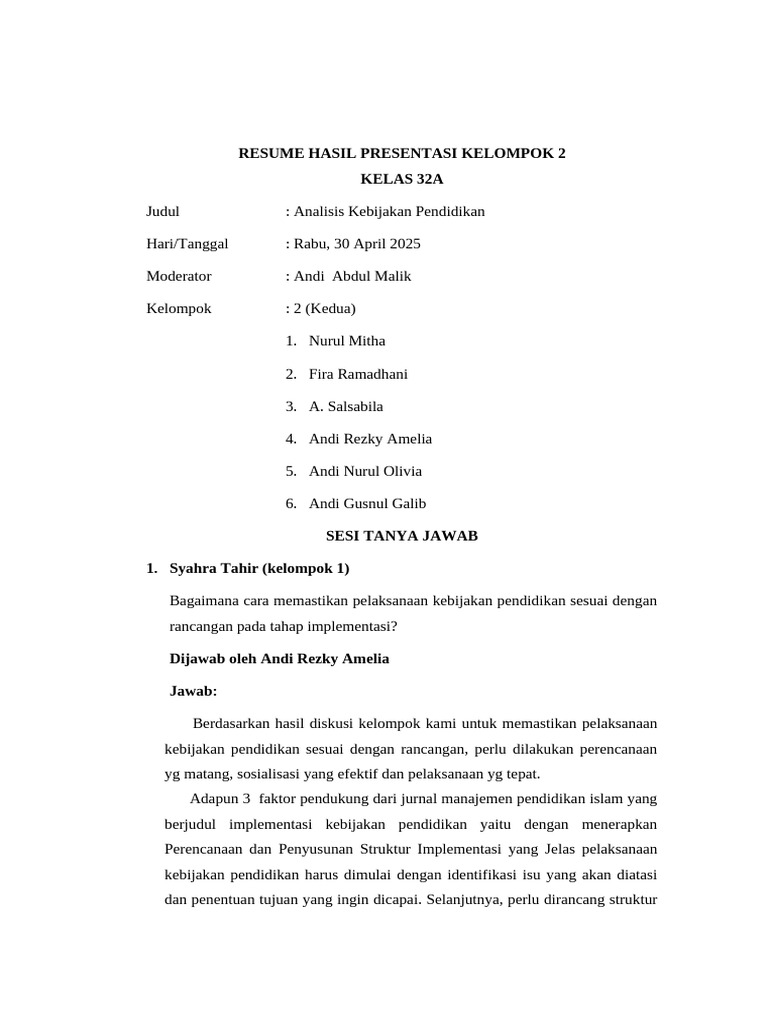 Resume Hasil Presentasi Kelompok 2 Analisis Kebijakan Pendidikan | PDF