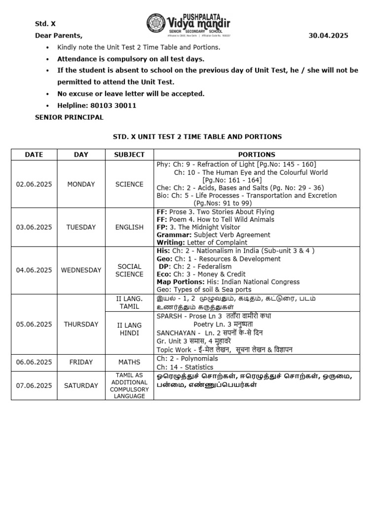 Std. X Unit Test 2 Time Table and Portions | PDF | Linguistics