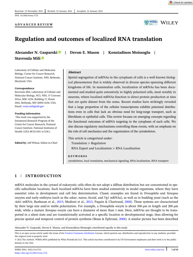 WIREs RNA - 2022 - Gasparski - Regulation and Outcomes of Localized RNA ...