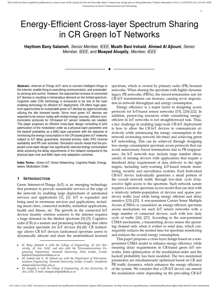 Energy Efficient Cross Layer Spectrum Sharing | PDF | Computer Network | Internet Of Things