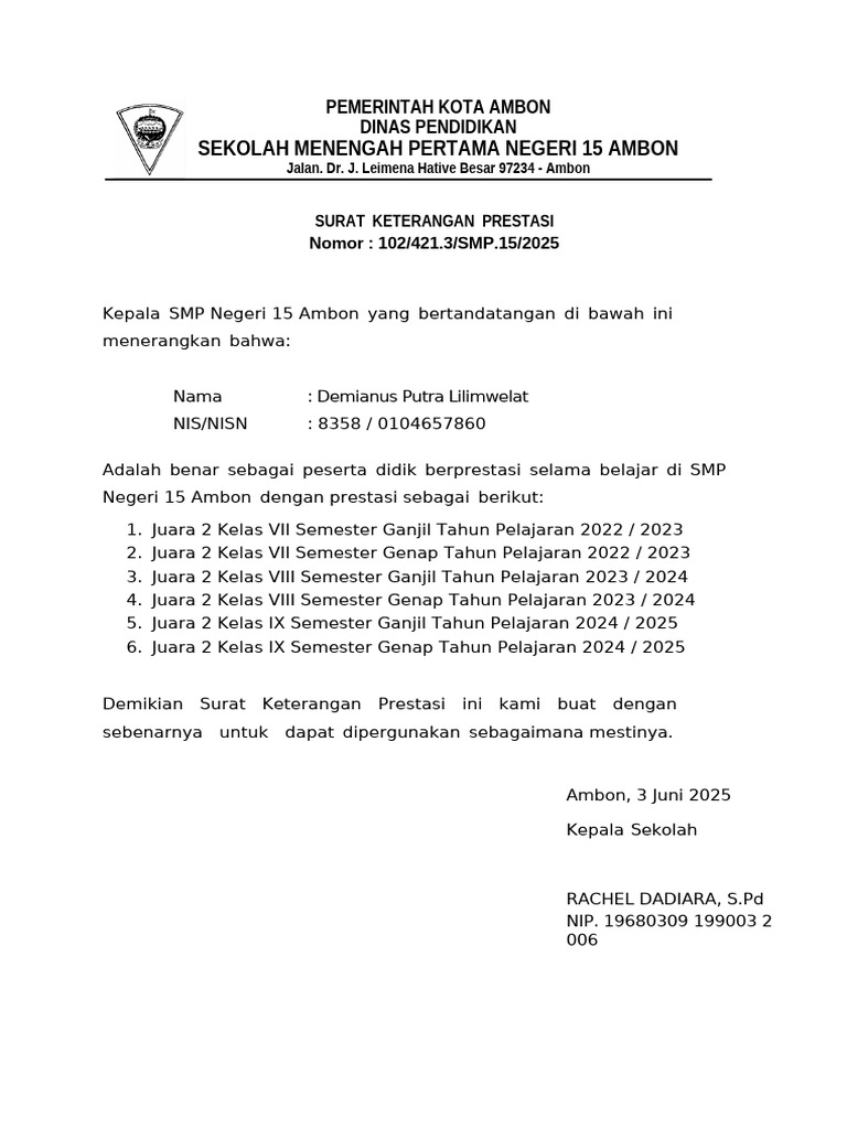 Surat Keterangan Prestasi Akademik dan Non Akademik | PDF