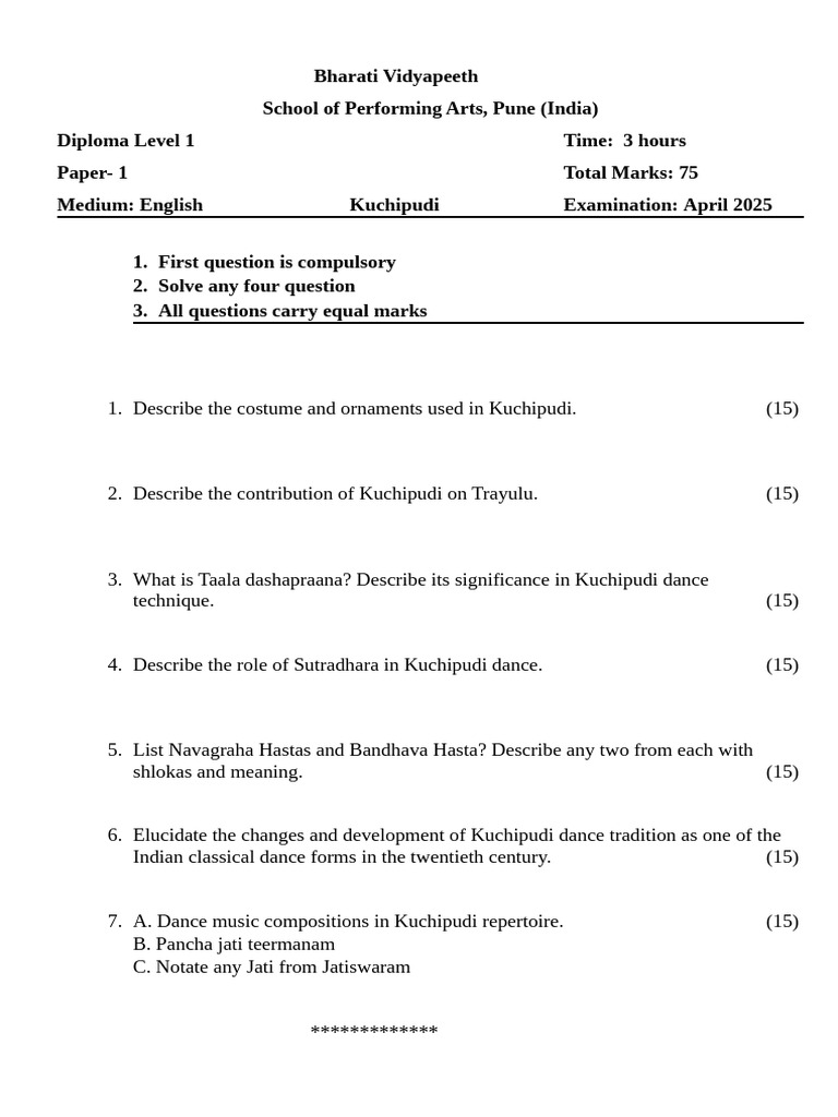Kuchipudi Diploma Exam Paper 2025 | PDF