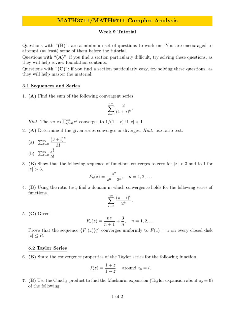 Week 9 Tutorial - Complex Analysis | PDF | Power Series | Mathematical Relations