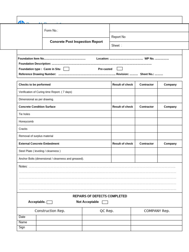 Concrete Post Inspection Report | PDF