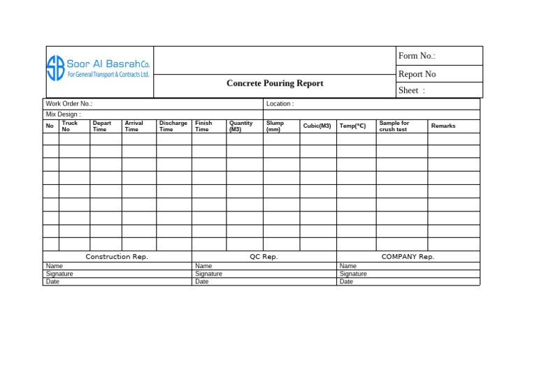Concrete Pouring Record Sheet | PDF
