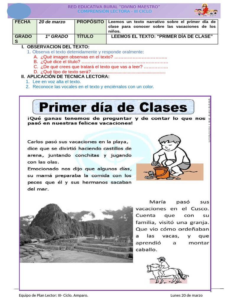 Comprensión Lectora: Primer Día de Clase | PDF