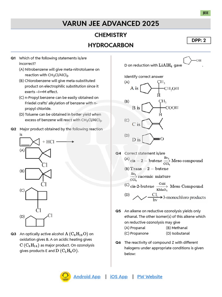 Hydrocarbon - DPP 02 - Varun JEE Advanced 2025 | PDF | Alkene | Chemical Compounds