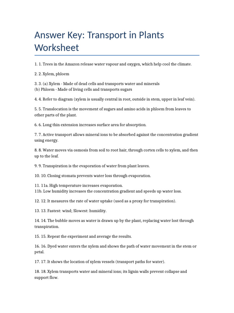 Answer Key Transport in Plants | PDF | Leaf | Plant Stem