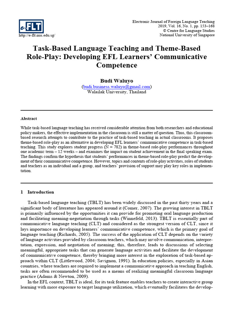 Task-Based Language Teaching and Theme-Based Role-Play: Developing EFL Learners' Communicative ...