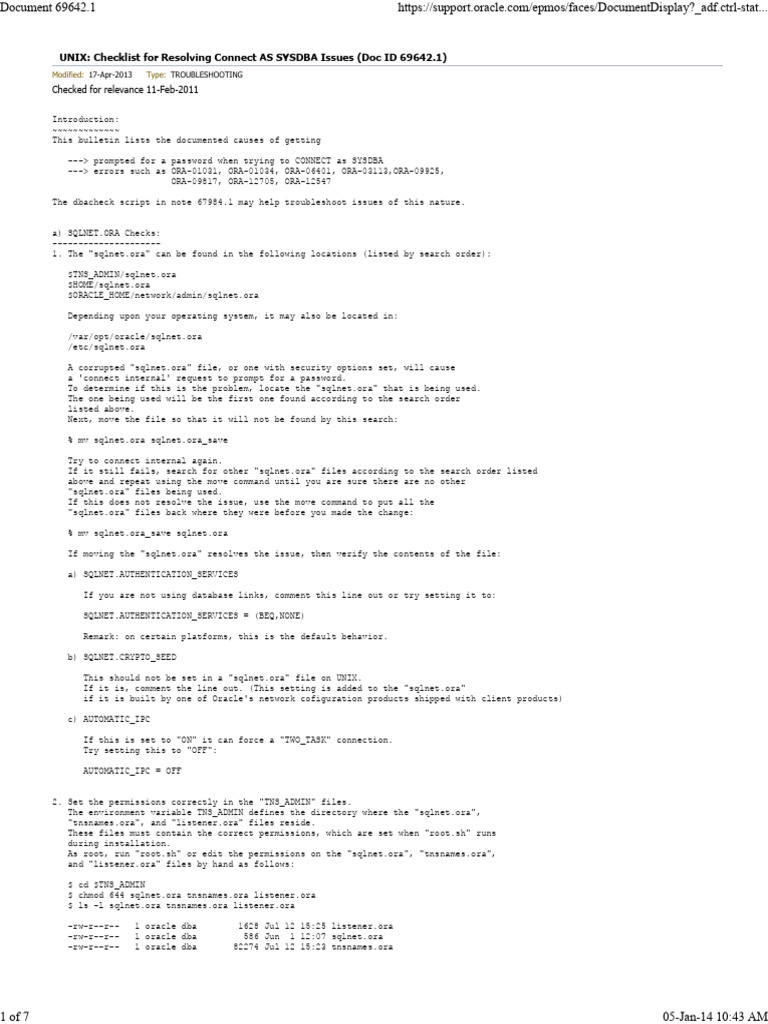 UNIX - Checklist For Resolving Connect As SYSDBA Issues (Doc ID 69642.1) | PDF | Superuser | Unix