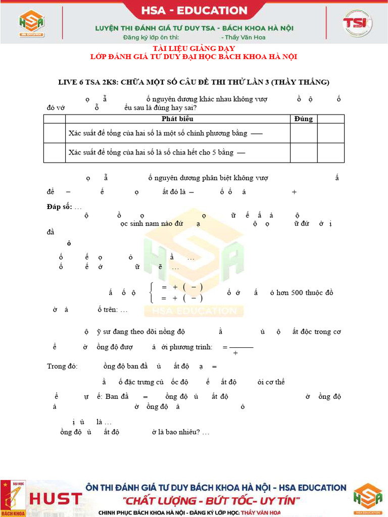 Live 6 Tsa 2k8 - Chữa Một Số Câu Hỏi Đề Thi Thử Lần 3 | PDF