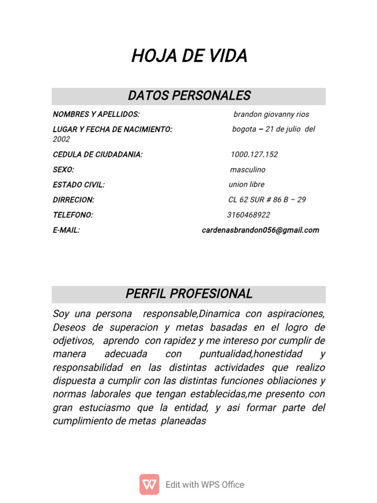 Hoja de Vida Brandon Cardenas 1-1 | PDF