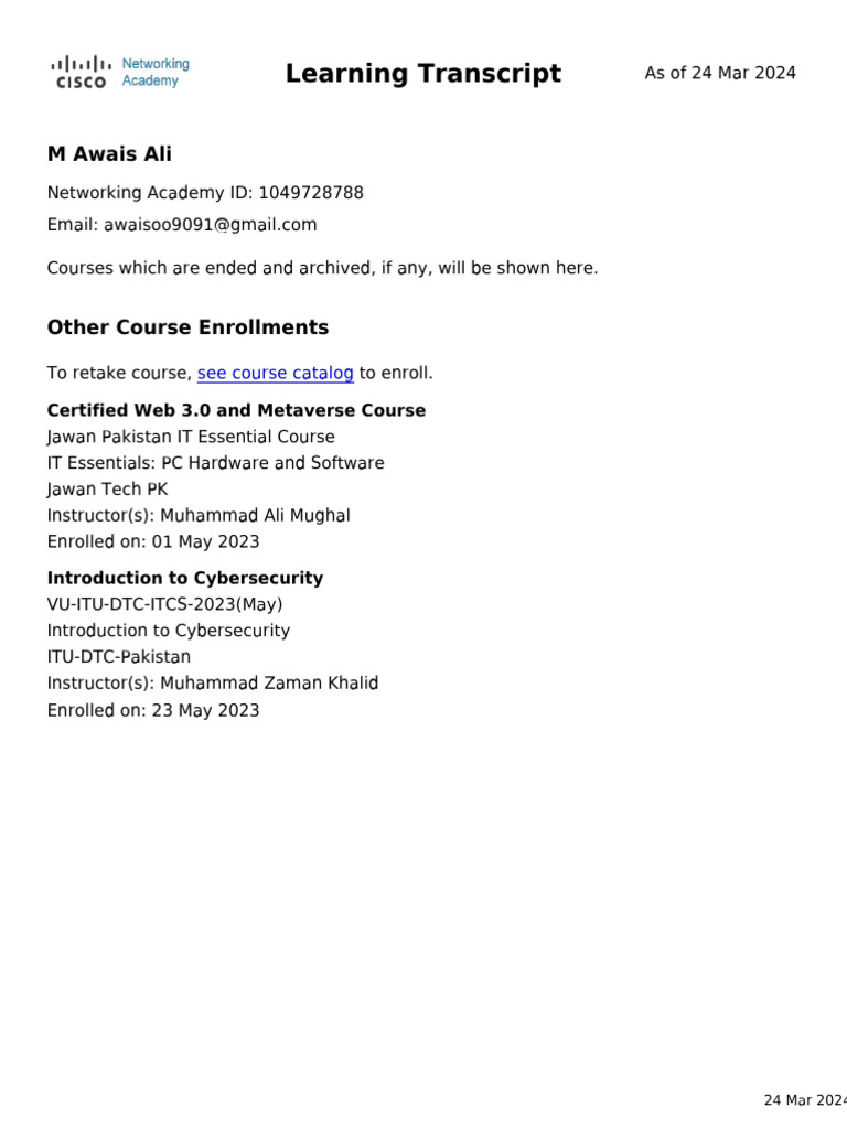 NetAcad Learning Transcript | PDF