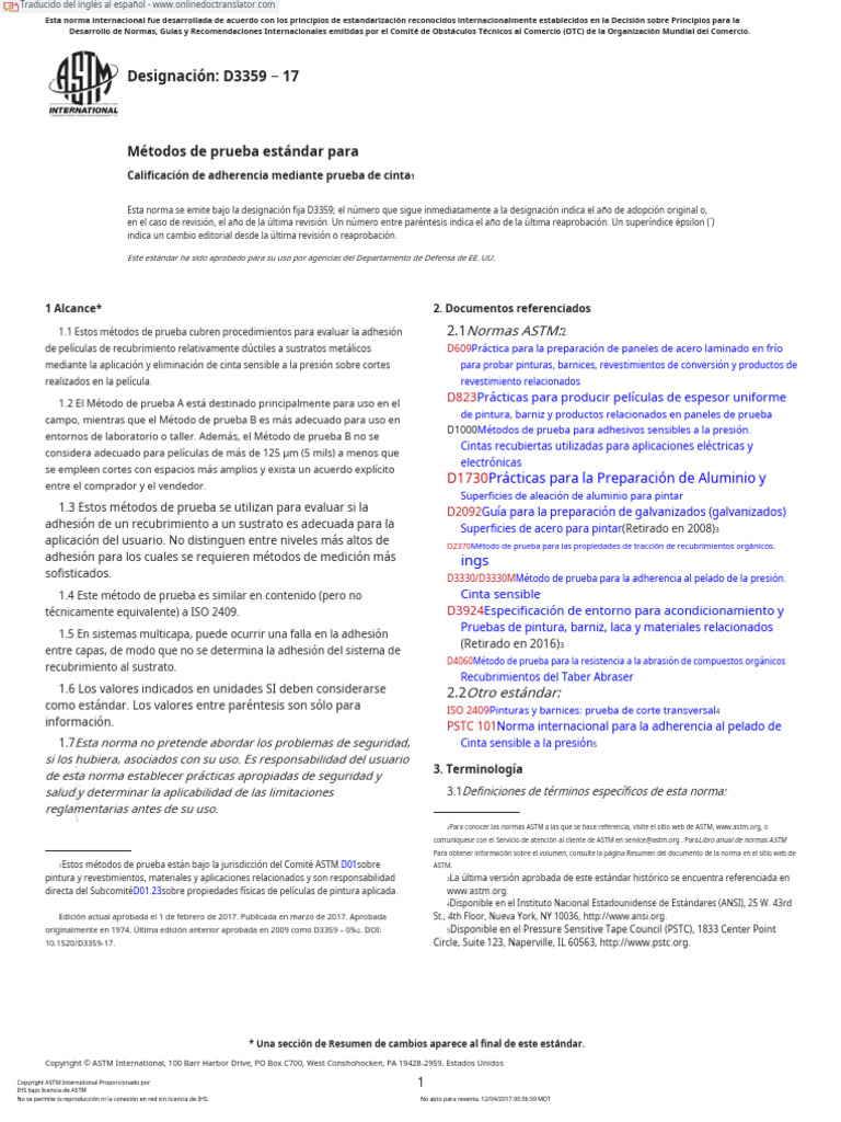 Astm D3359 2017 Español | PDF | Adhesión | Revestimiento