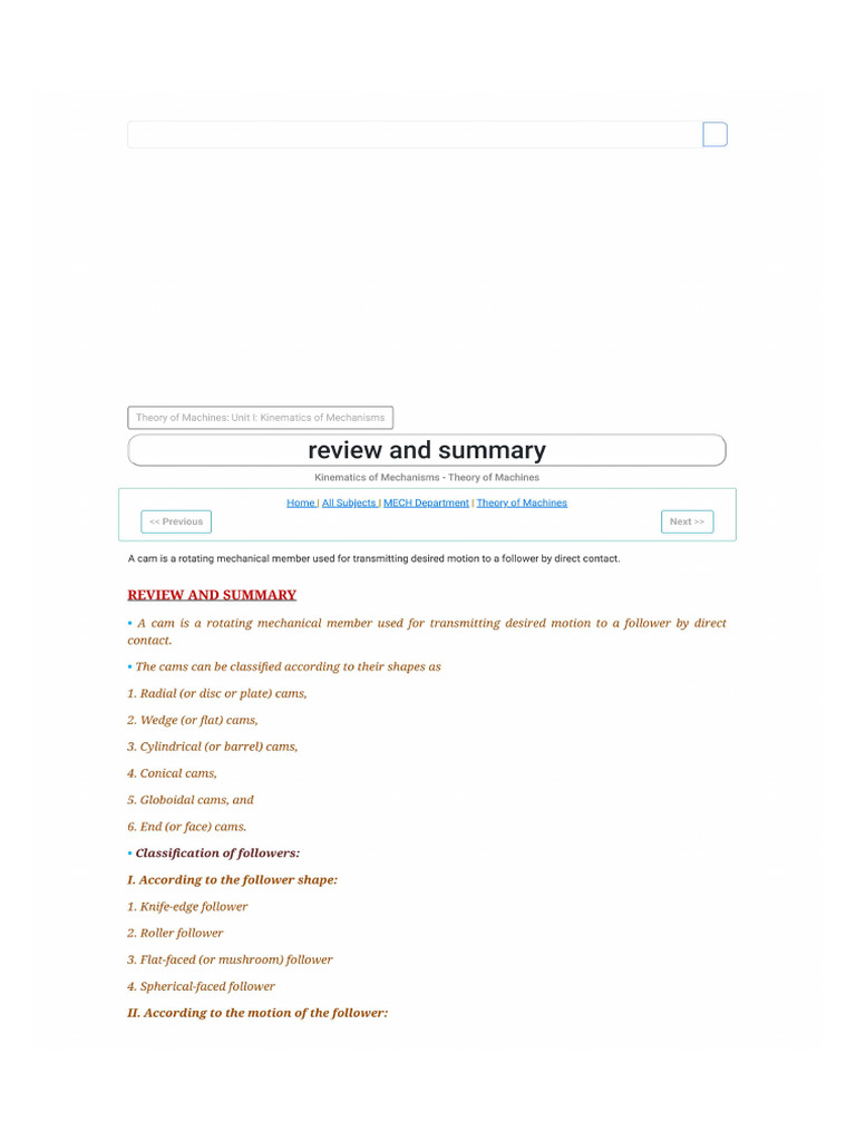 Review and Summary - Kinematics of Mechanisms - Theory of Machines | PDF