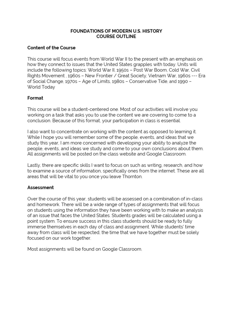 Foundations of Modern US History Course Outline | PDF