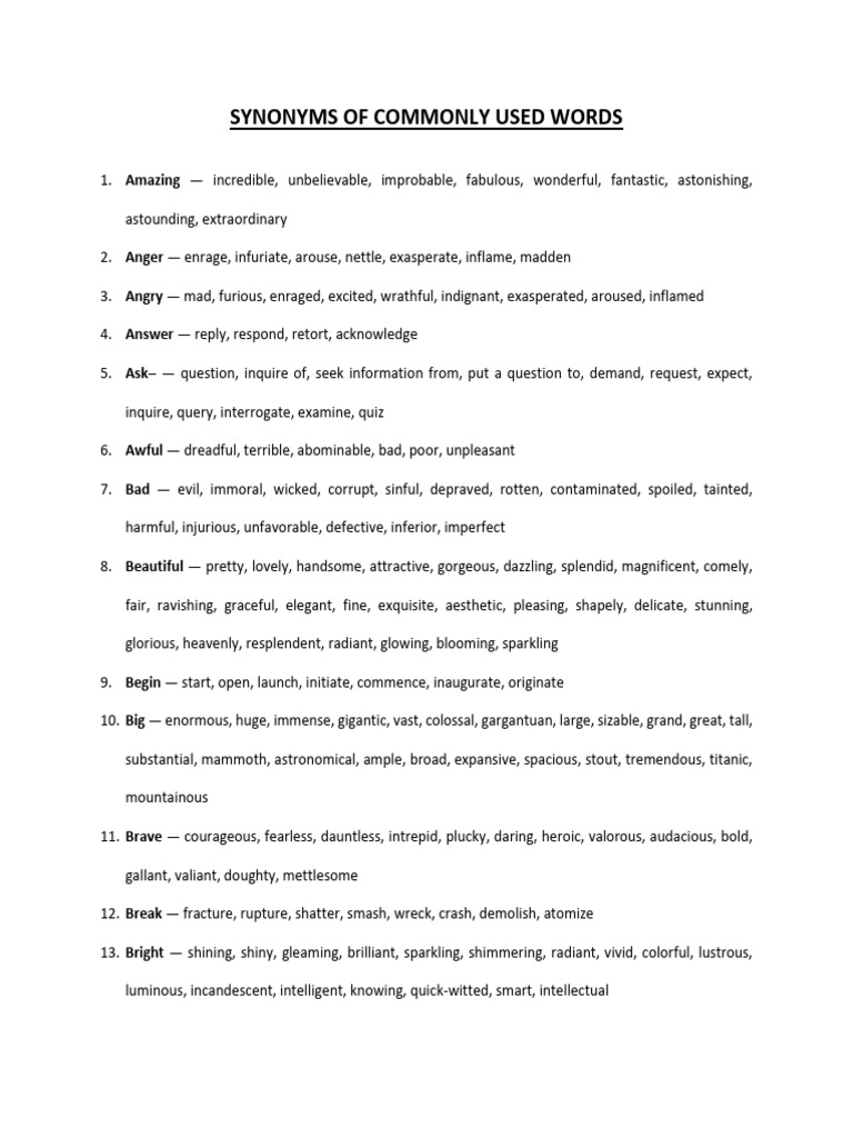 Synonyms for Common Words List | PDF | Emotions | Psychology