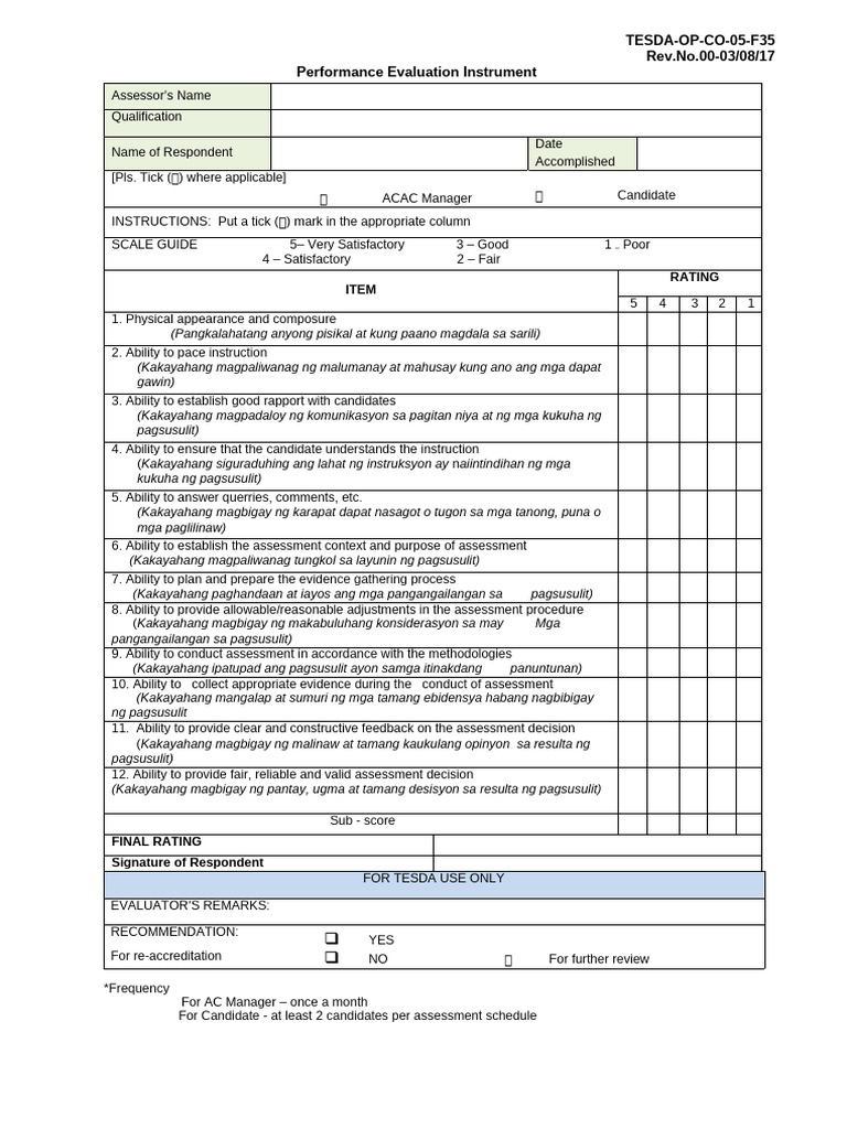 Performance Evaluation Instrument | PDF