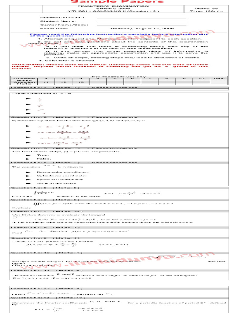 MTH301 Calculus II BSC Computer Science VU University Past Papers 2006 Final Term Spring | PDF