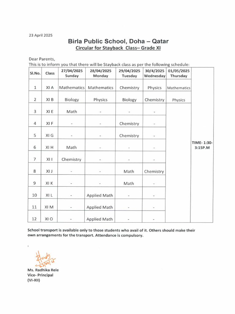 Circular For Stayback Class Xi | PDF