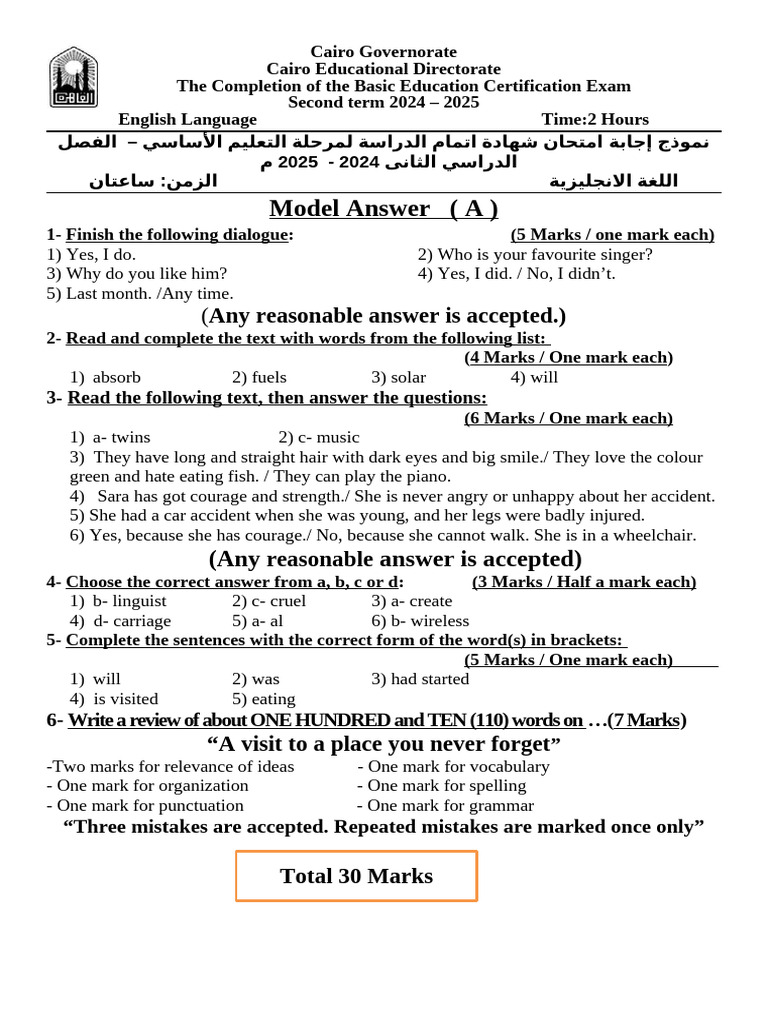 Basic Education Exam Model Answers 2024 | PDF | Communication | Learning