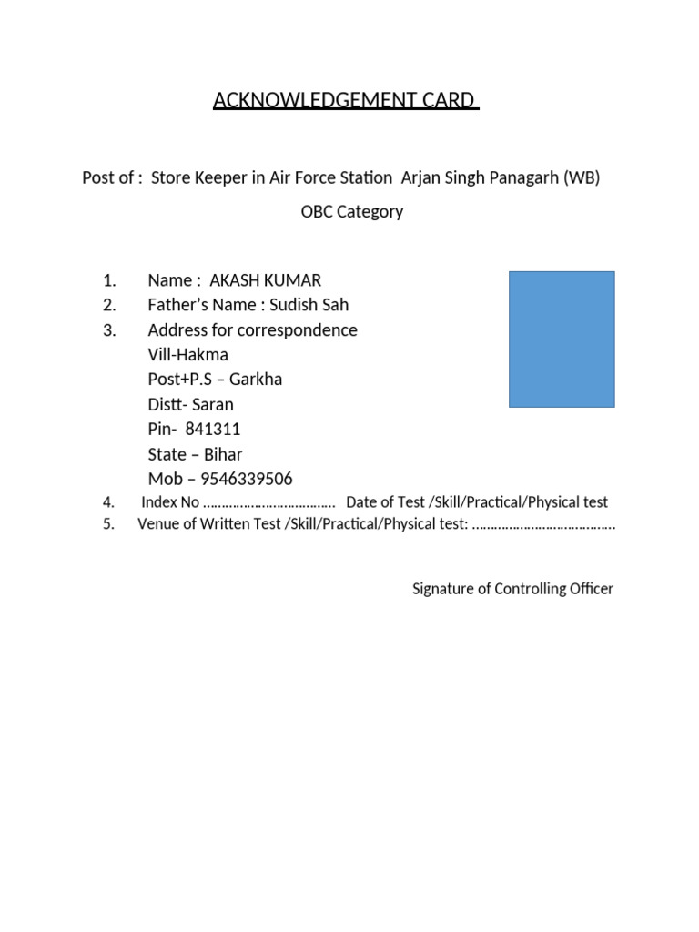 Acknowledgement Card Akash Kumar | PDF