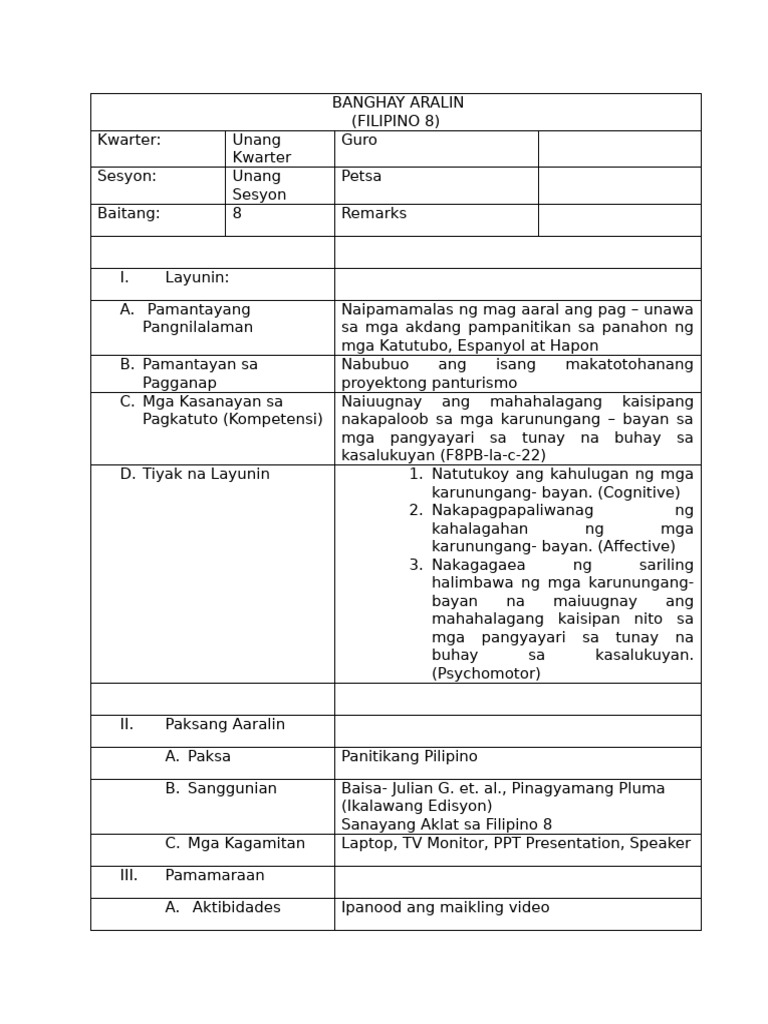 4a's Detailed Lesson Plan Filipino 8 | PDF