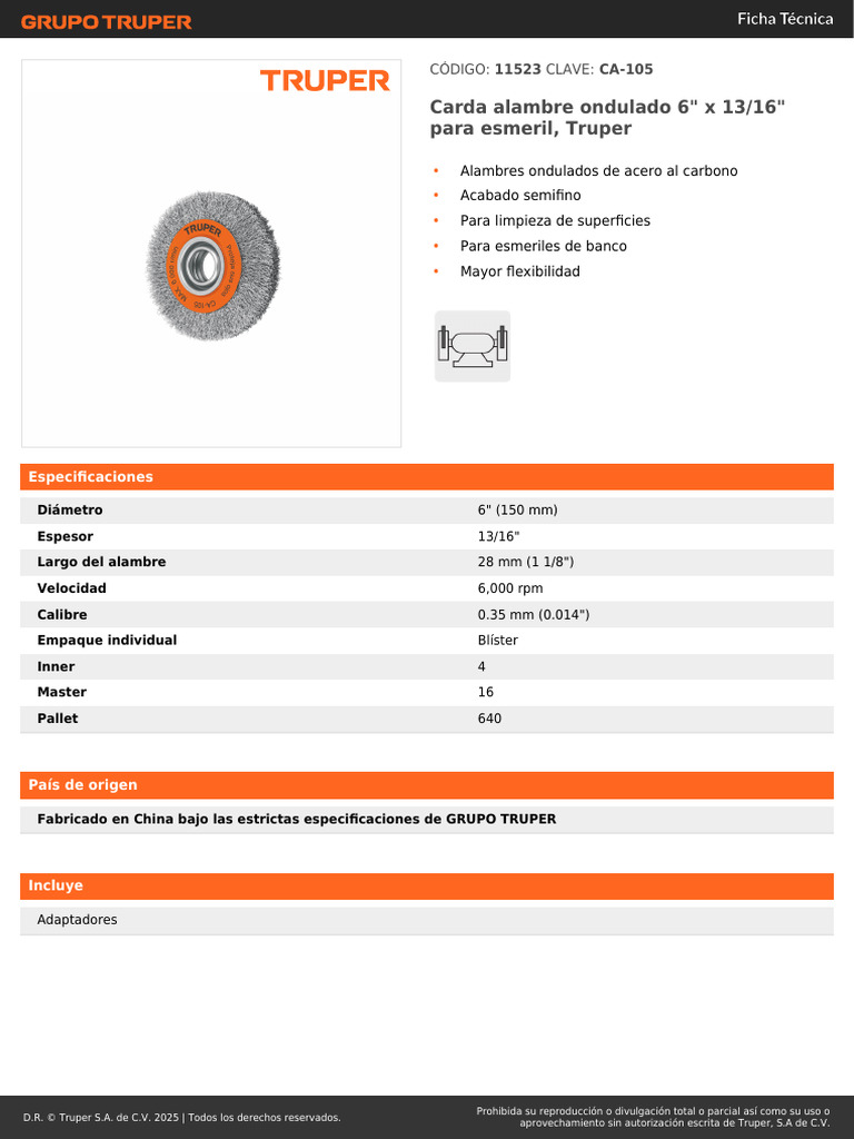 Carda Alambre Ondulado 6" X 13/16" para Esmeril, Truper | PDF