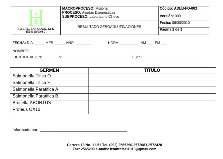 Adlb-Fo-003 Formato Resultado Seroaglutinaciones Version 000 - 06-30 ...