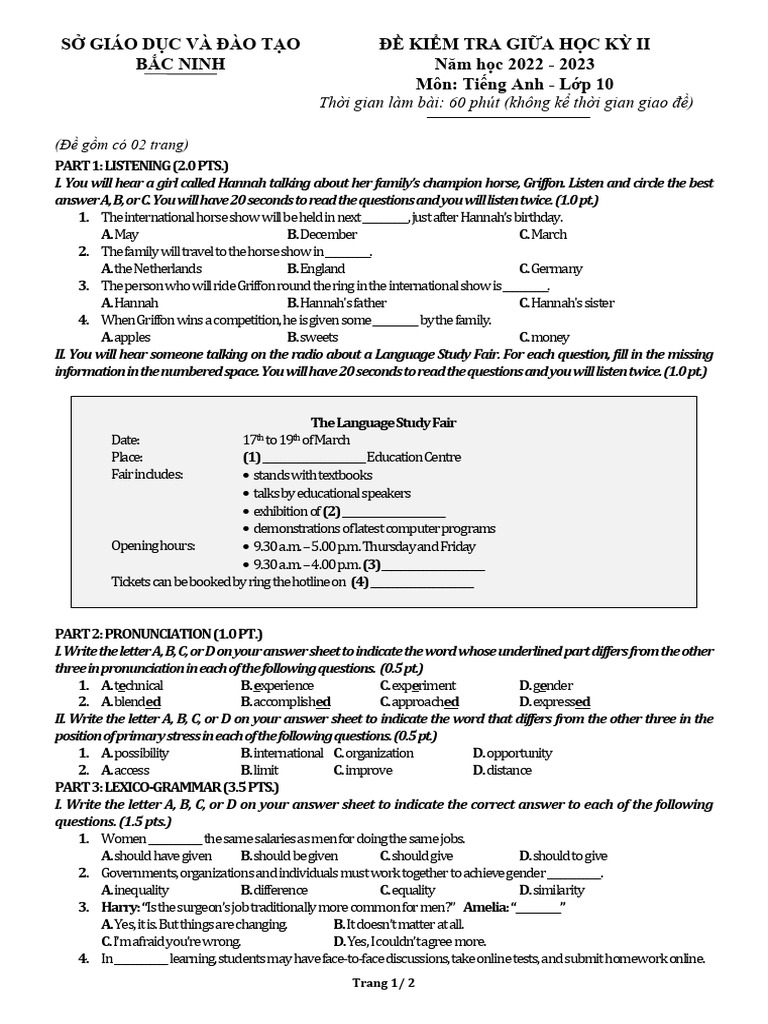 De Kiem Tra Giua Hoc Ky 2 Tieng Anh 10 Nam Hoc 2022 2023 So GDDT Bac Ninh | PDF