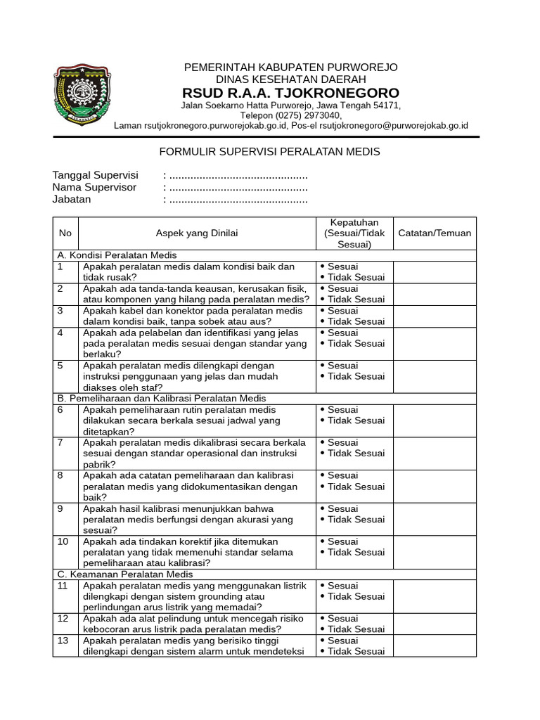 Supervisi Peralatan Medis | PDF