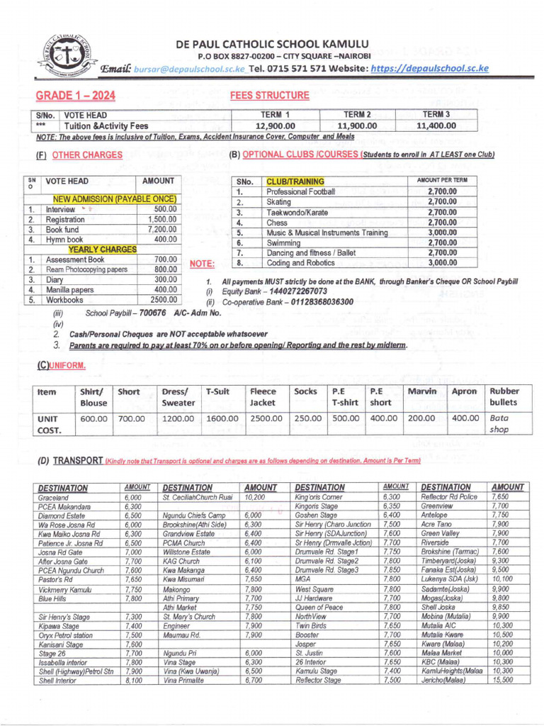 De Paul Grade 1 2024 Fee Structure & Requirements | PDF