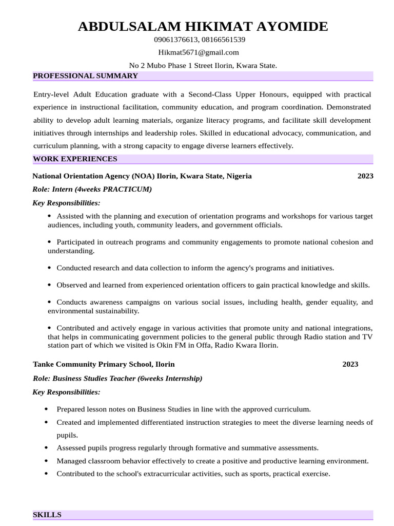 Abdulsalam Hikmah Ayomide Resume | PDF | Learning | Adult Education
