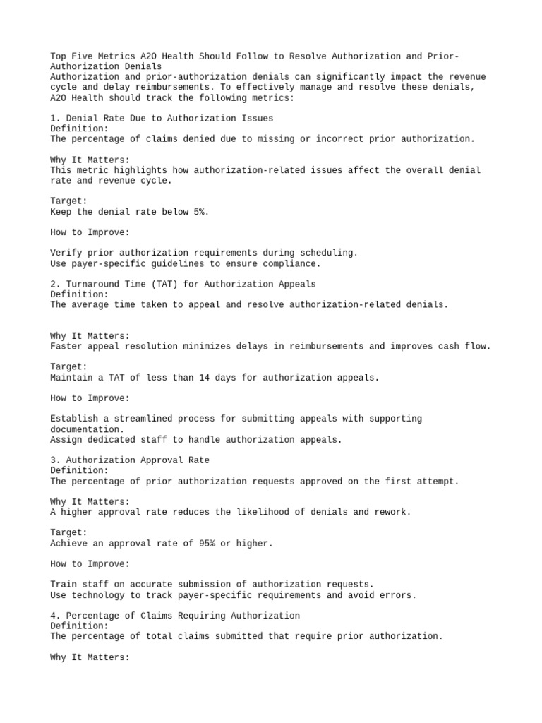 Top Five Metrics A2O Health Should Follow To Resolve Authorization and Prior-Authorization ...