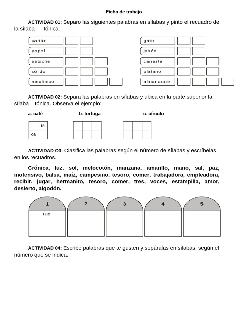Ficha de Trabajo Sílaba Tónica | PDF